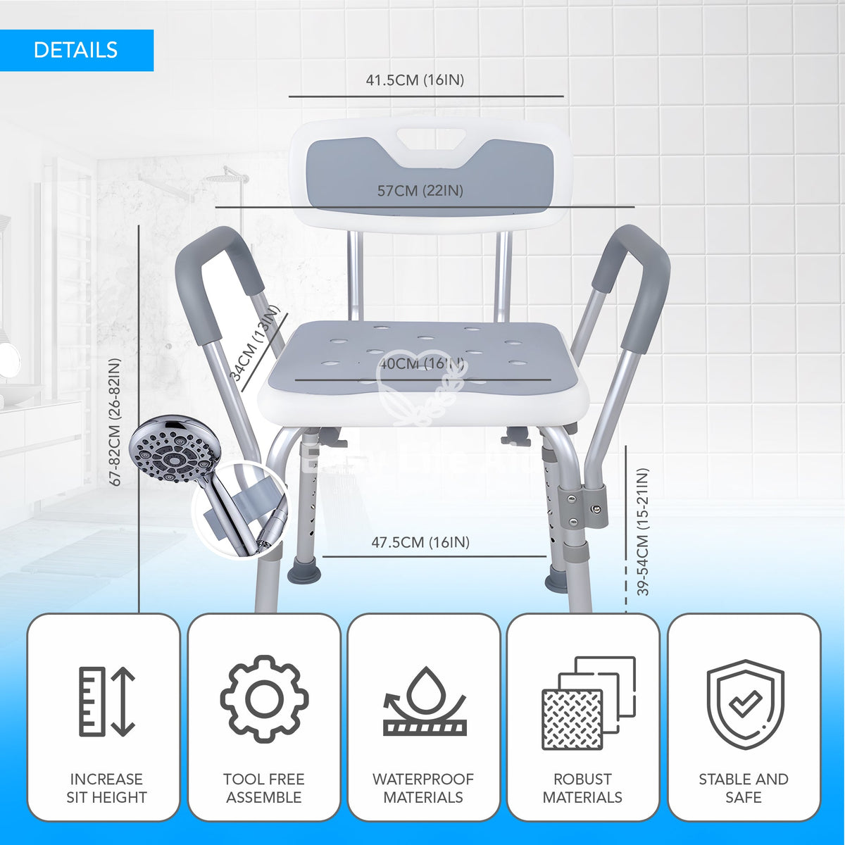 Comfortable, Safe, and Adjustable Anti-Slip Ergonomic Shower Chair wit ...